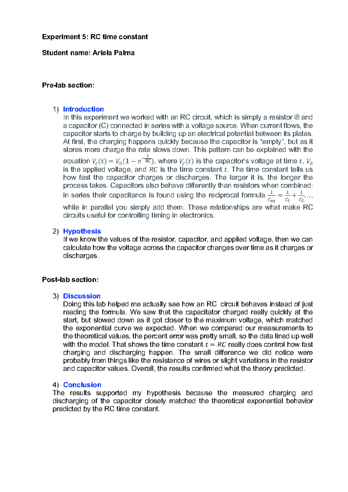 RC Time Constant Experiment Report - Physics Lab 2 - Studocu
