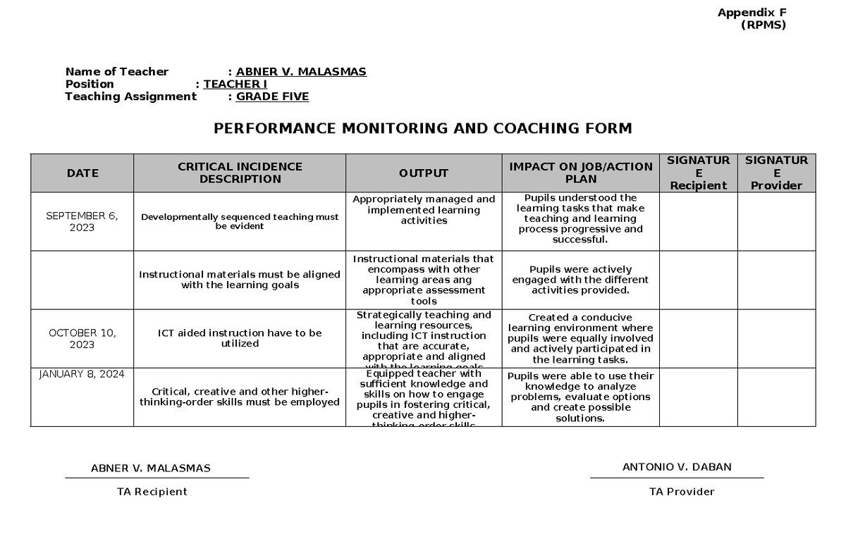 Sample-PMCF - Performance Monitoring Form for Teachers (Grade 5) - Studocu