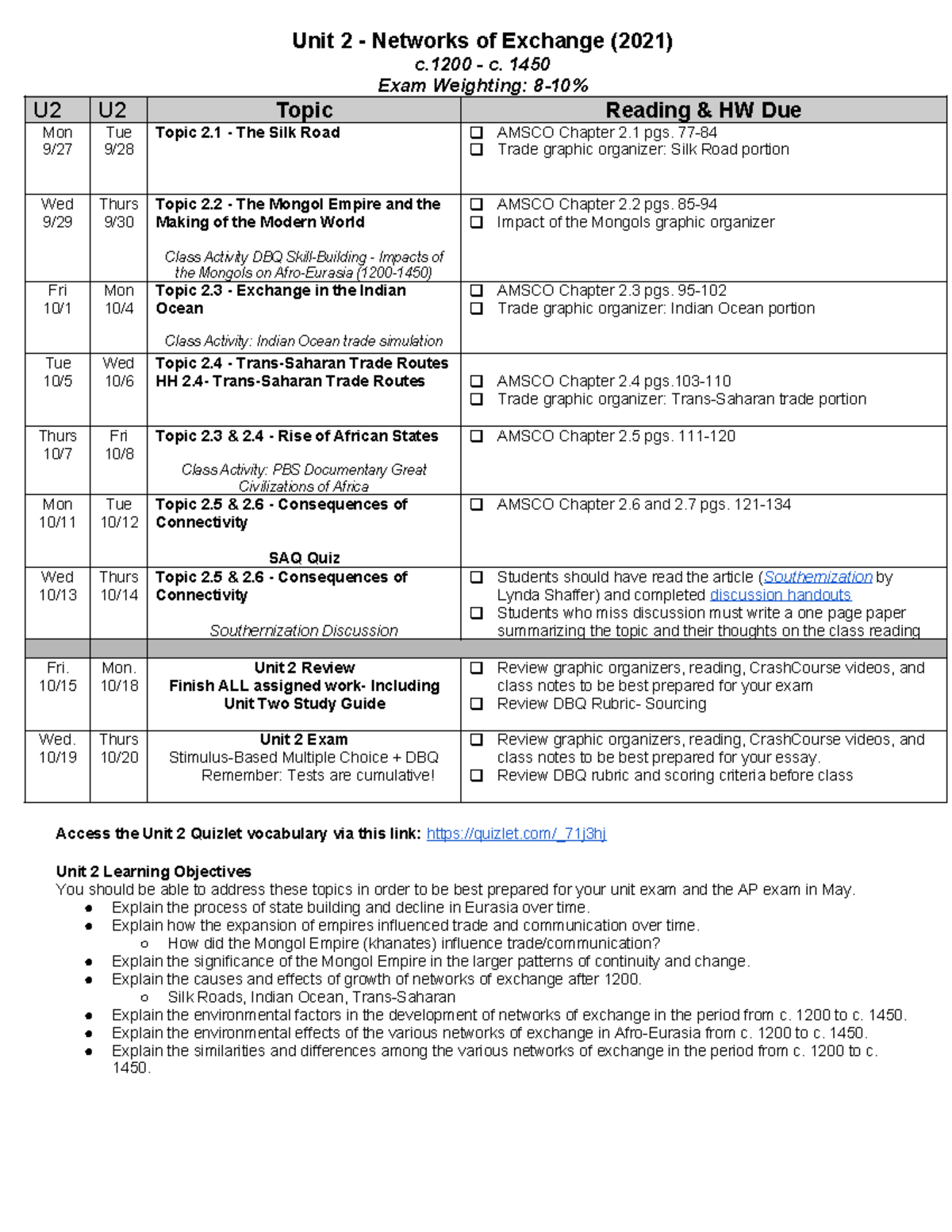 Unit 2 Student Guide 2021-2022 - Unit 2 - Networks of Exchange (2021) c ...