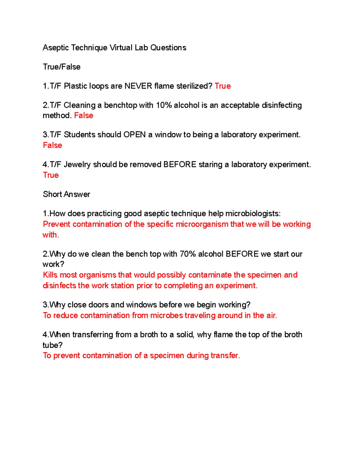 Aseptic Technique (Part 1) Virtual Lab T/F & Short Answer Qs - Studocu