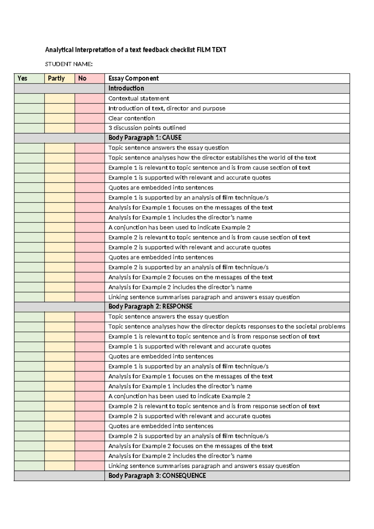 Film Text Analysis Checklist: Text Response Essay Guide - Studocu