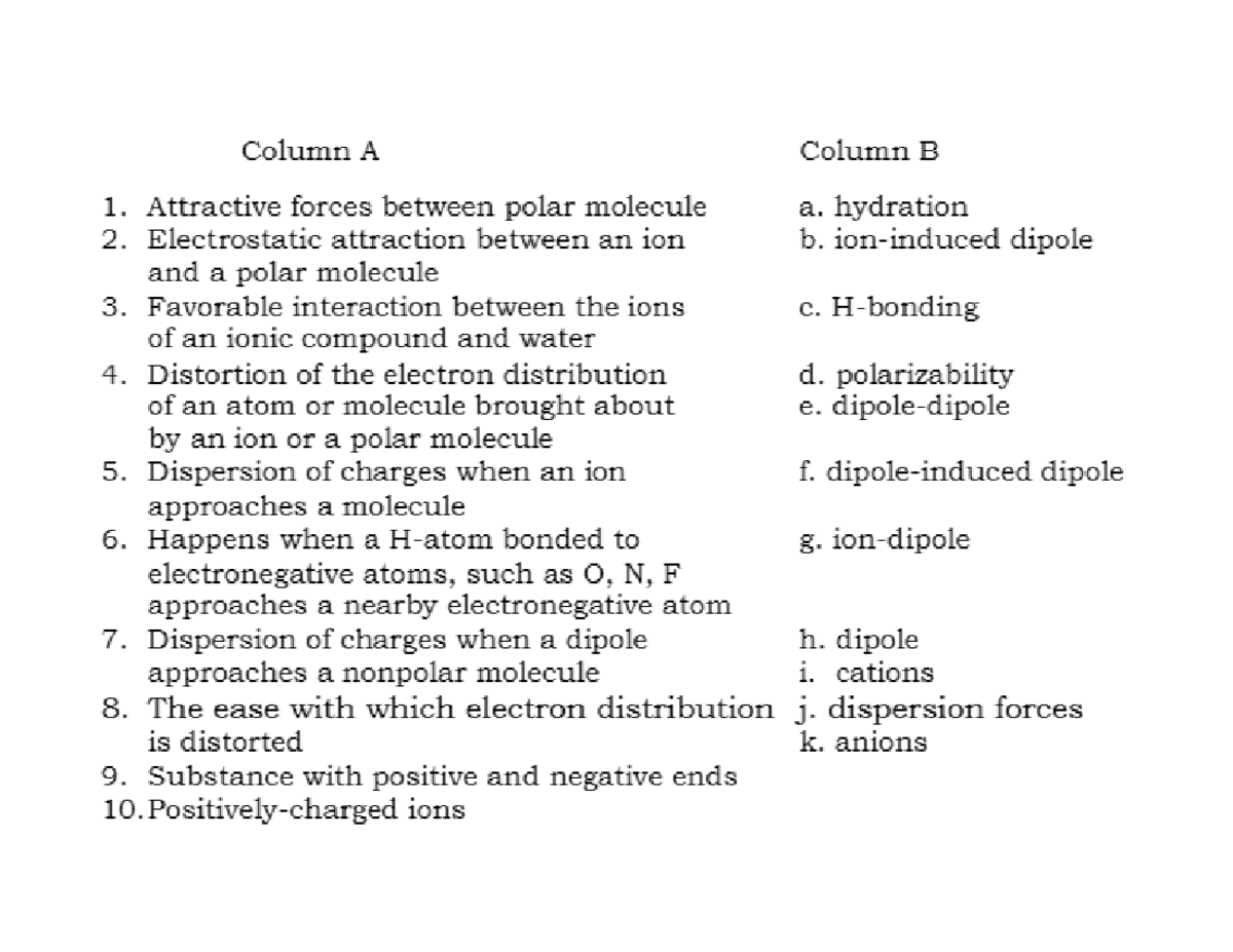 Intermolecular Forces Pretest - Column A Column B 1. Attractive forces ...