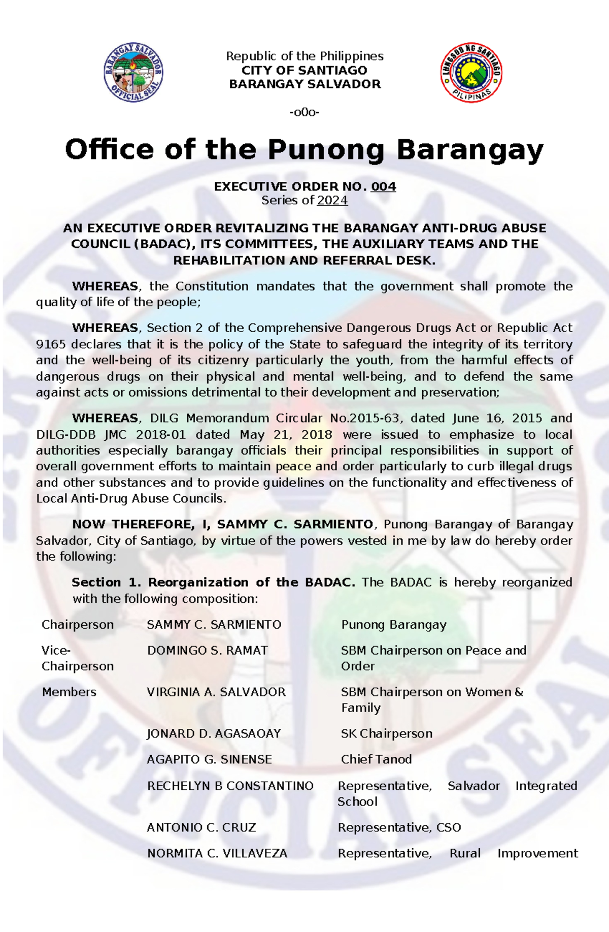 Executive Order No. 004 s. 2024: Reviving BADAC Roles in Drug Clearing ...