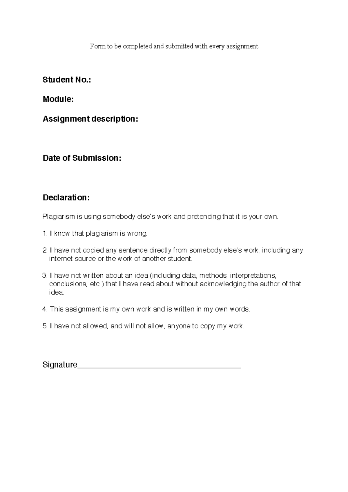 Plagiarism Declaration Form for Assignment Submission - Studocu