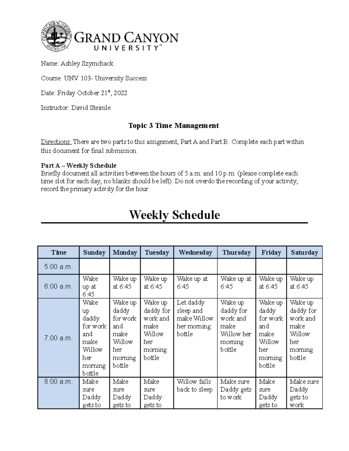 UNV-103-Time Management Weekly Schedule & Reflection - Studocu