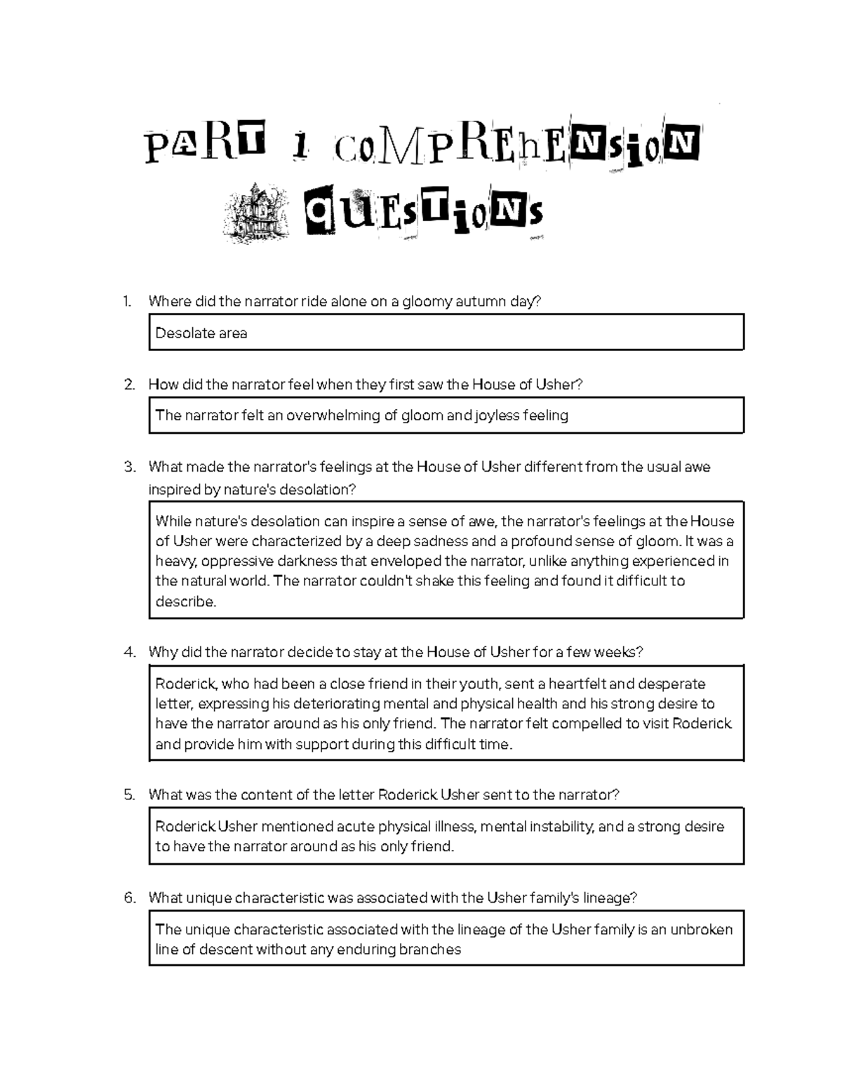 The Fall of the House of Usher (Comprehension Questions) Analysis - Studocu