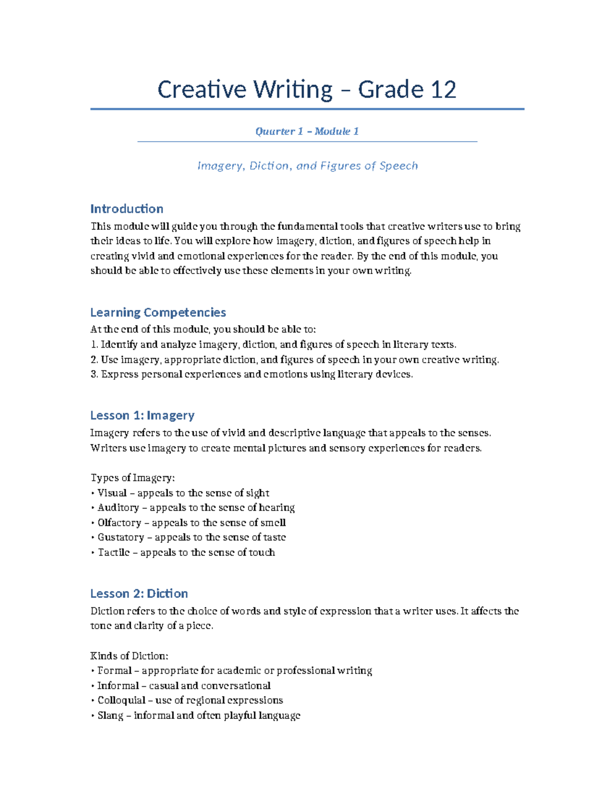 Creative Writing Grade 12 Q1 Module 1: Imagery, Diction & Figures of ...