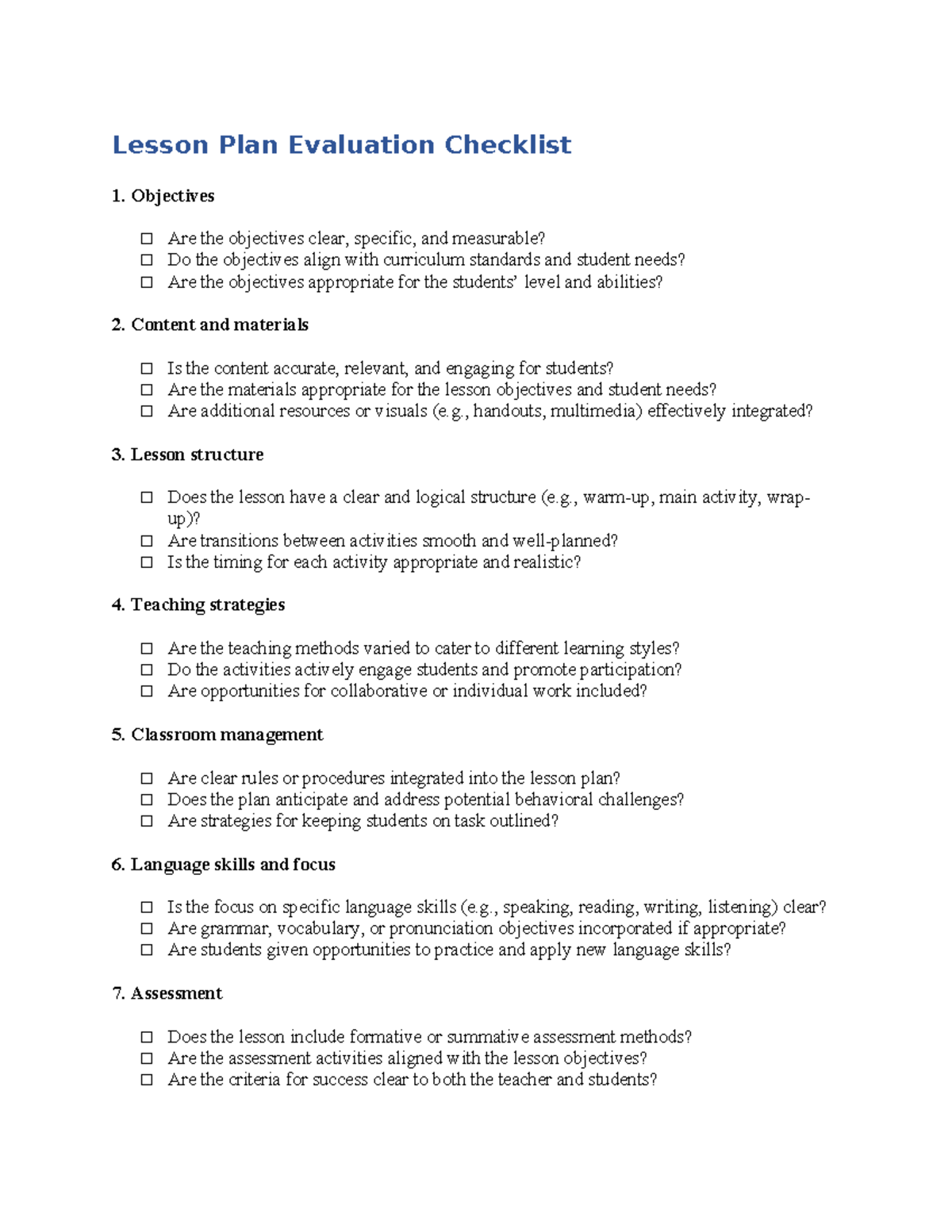 EDU 101: Lesson Plan Evaluation Checklist for Effective Teaching - Studocu