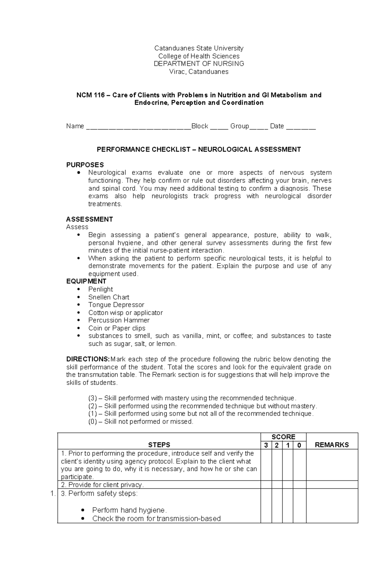NCM 116 Neurologic Assessment Checklist - Catanduanes State University ...