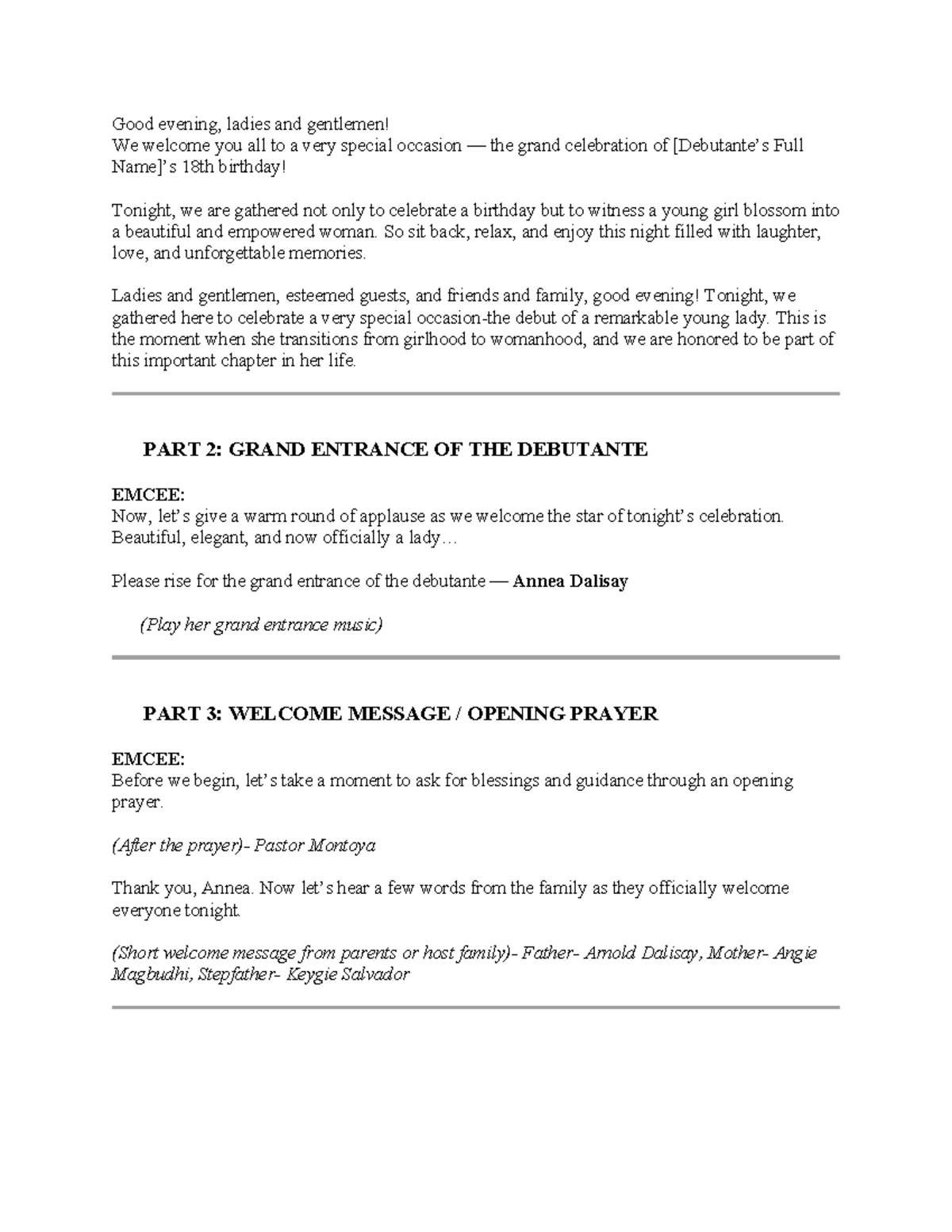 Debut Celebration Script: Annea Dalisay's 18th Birthday Event - Studocu