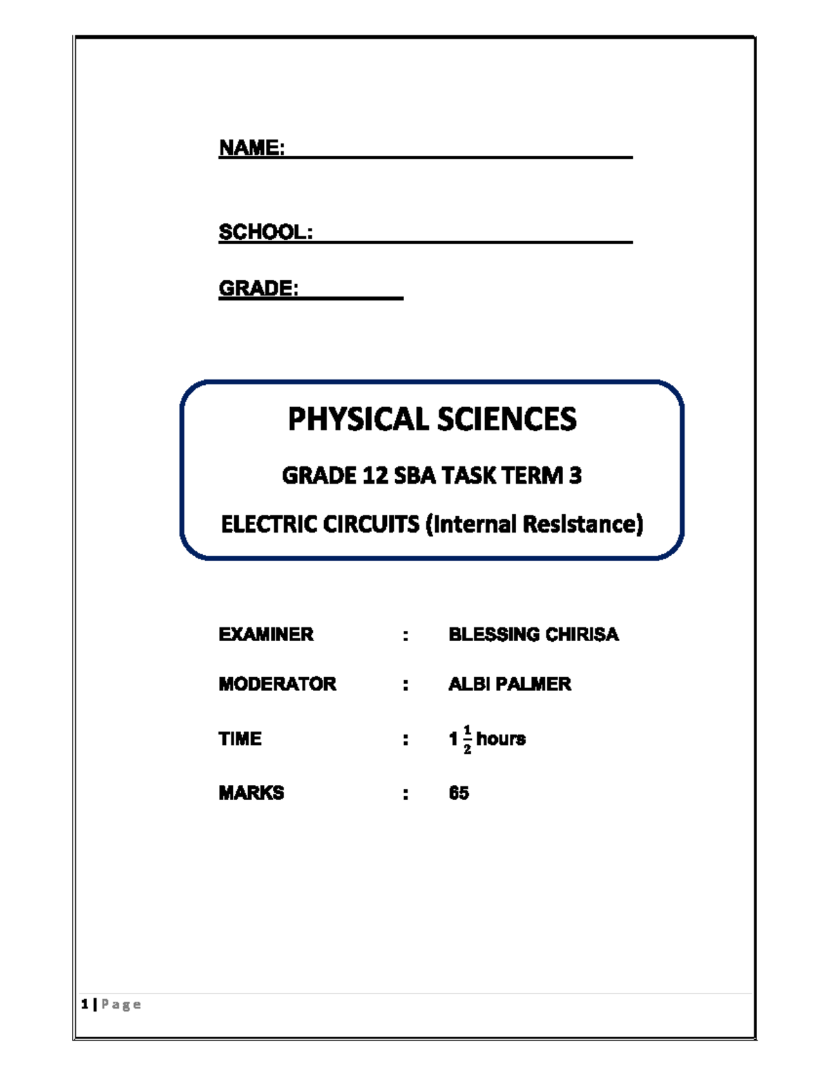 Grade 12 PHYS SCI SBA Term 3: Electric Circuits & Internal Resistance ...