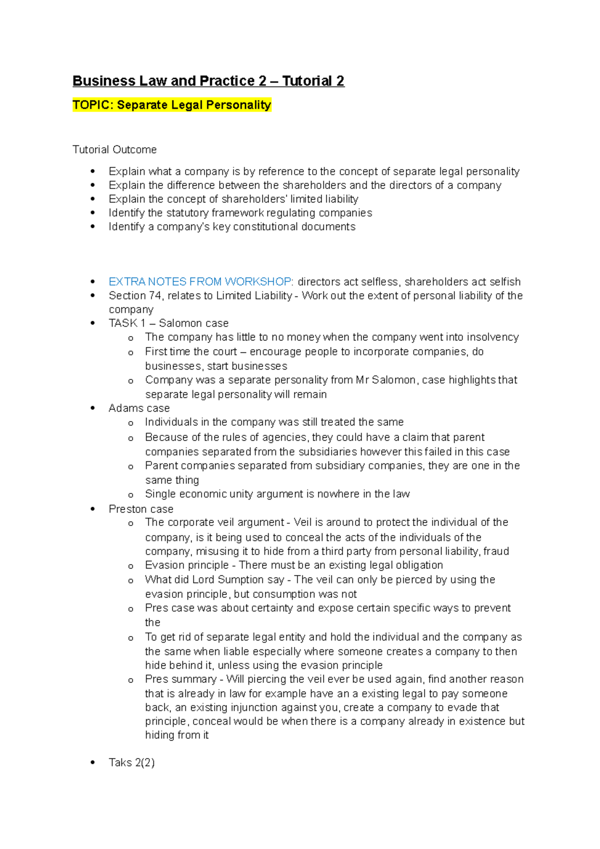 Business Law and Practice 2 - Tutorial 2: Understanding Separate Legal ...