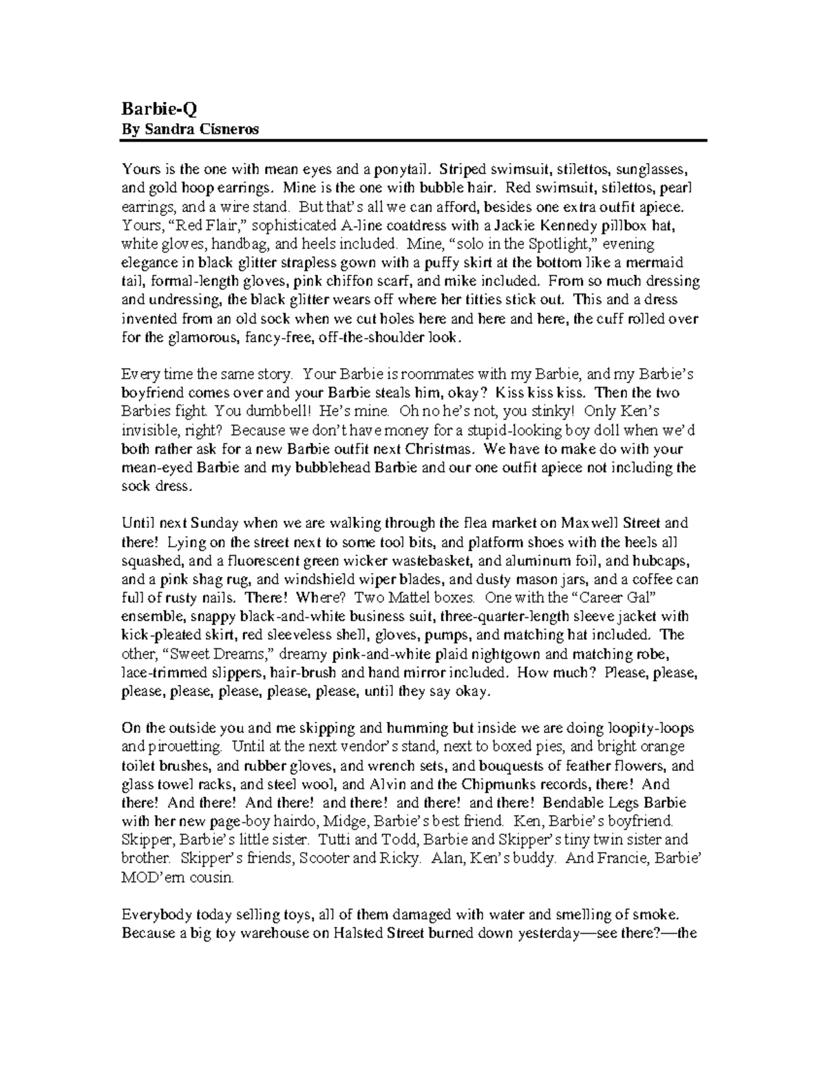 Cisneros Barbie Q reading log assignment analysis and reflections - Studocu
