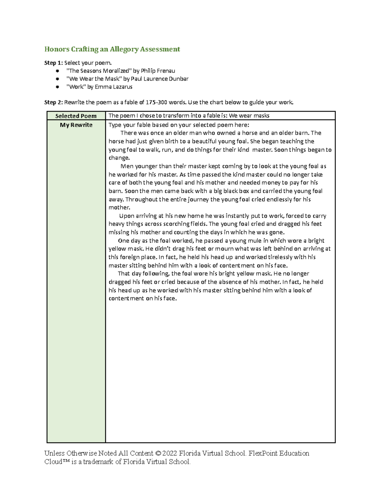 Honors crafting an allegory assess rubric 1 - Honors Crafting an ...