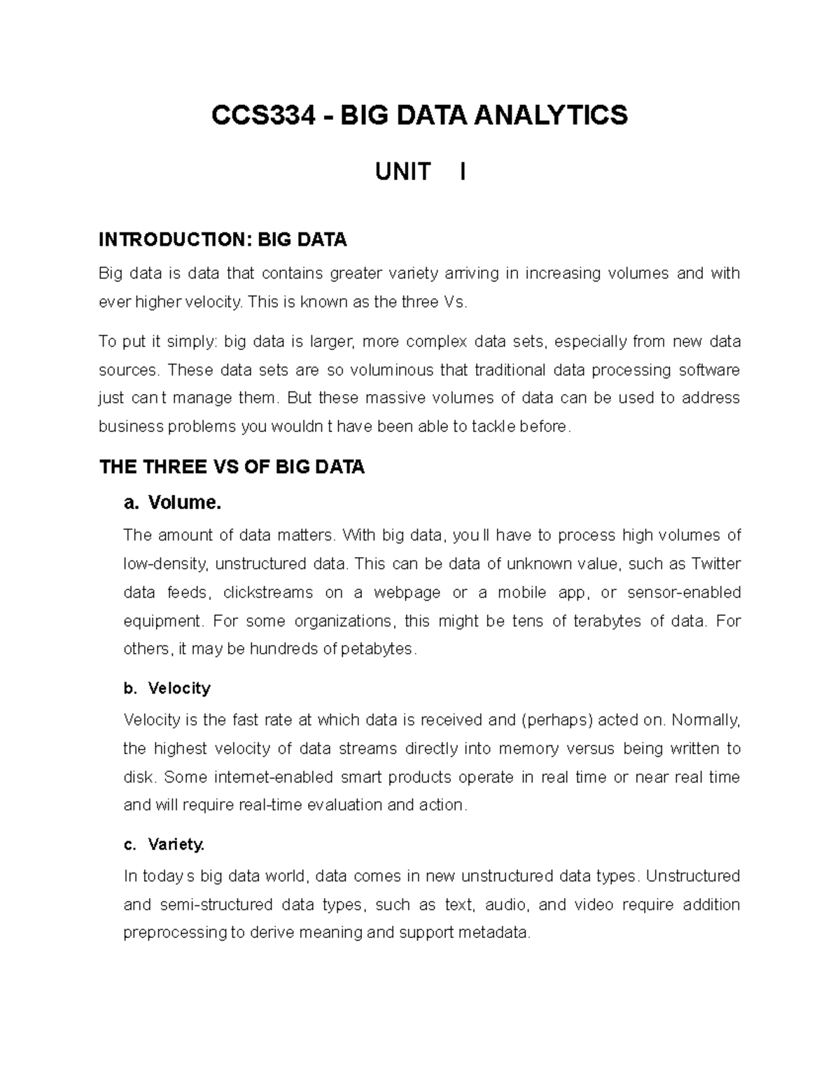 CCS334 BIG DATA ANALYTICS UNIT I: INTRODUCTION TO BIG DATA AND ...