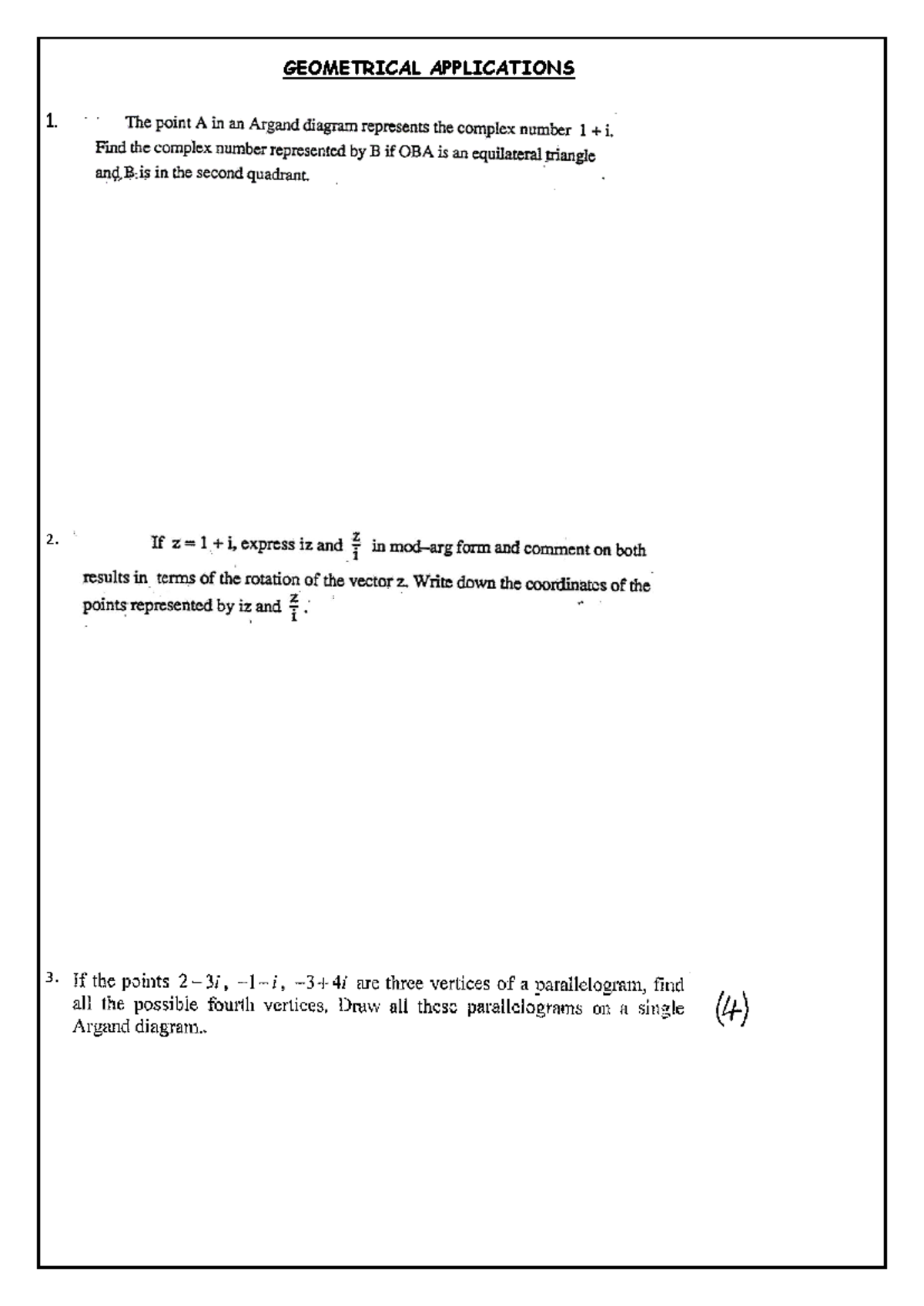 GEOMETRICAL APPLICATIONS L9 Worksheet: Complex Numbers & Parallelograms ...