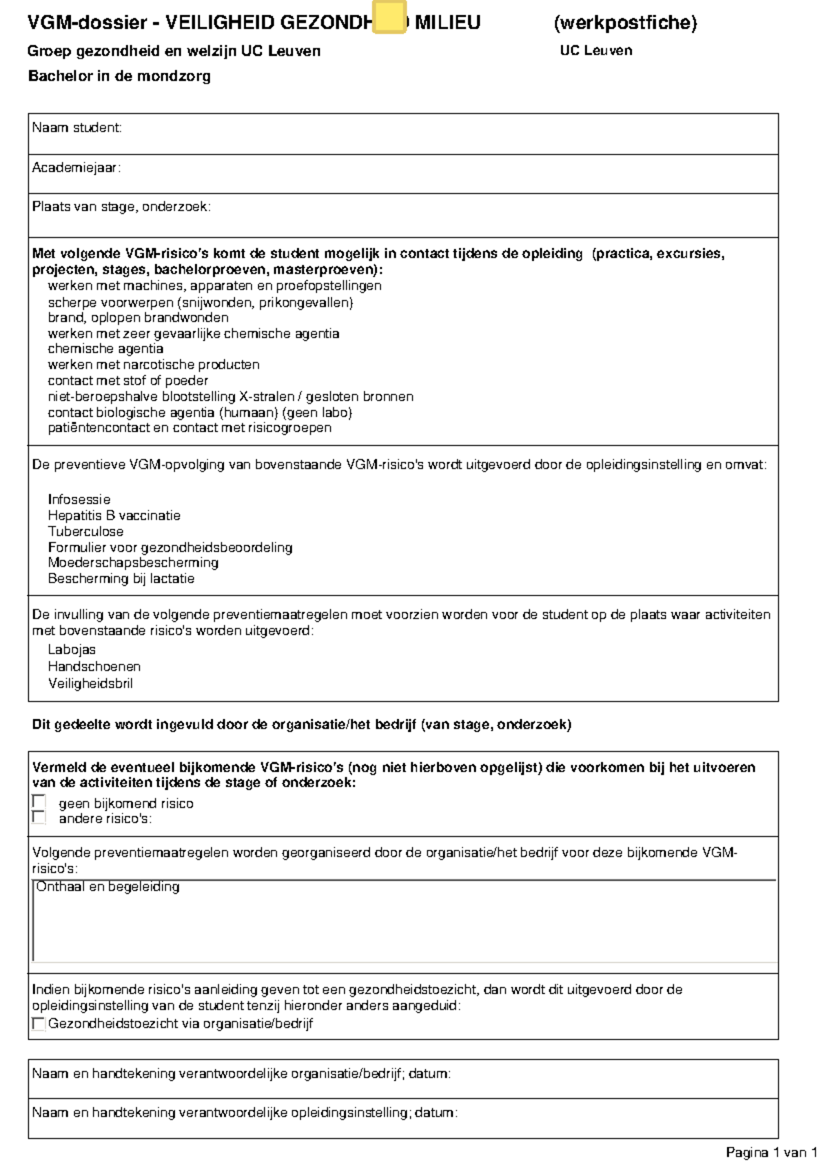 F1-VGMfiche: Veiligheid en Gezondheid in de Mondzorg Stage - Studeersnel