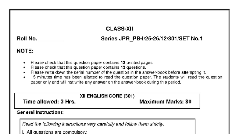 XII ENGLISH CORE (301) Question Paper Analysis and Instructions - Studocu