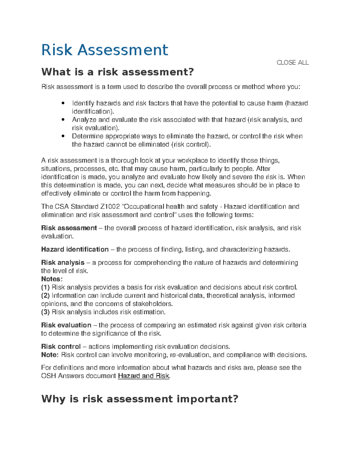 Risk Assessment - Risk management as applied to Safety, Security and ...