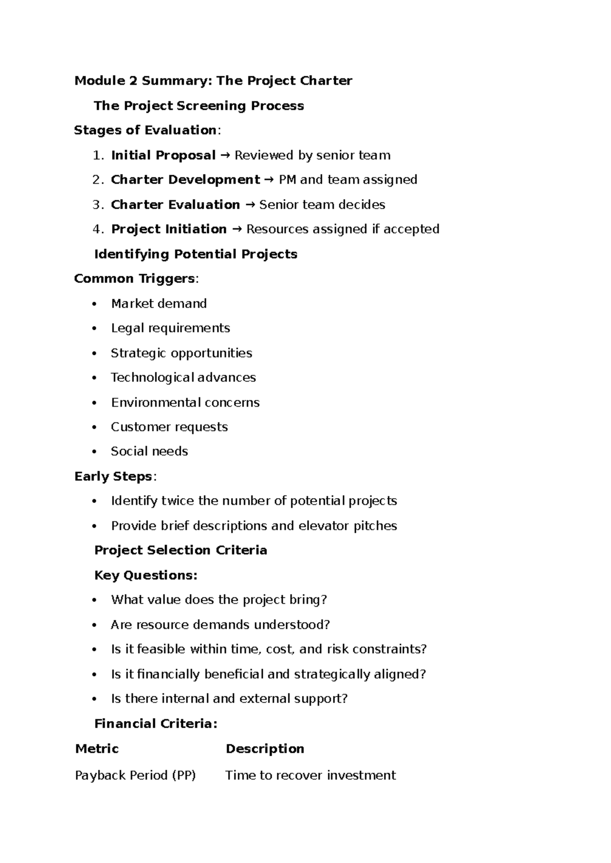 Module 2 Summary: Project Charter & Screening Process Notes - Studocu