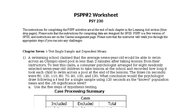 Worksheet PSY 230: Hypothesis Testing and Analysis Techniques - Studocu