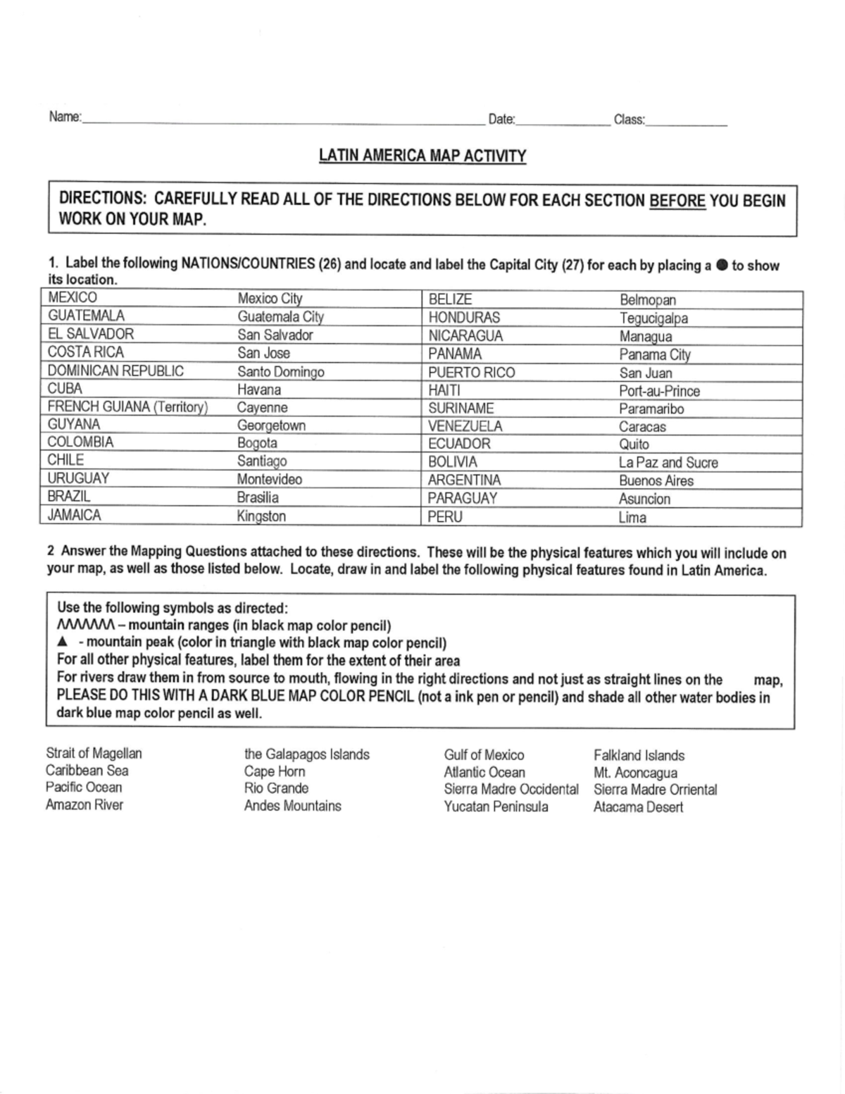 Latin America Map Activity - Name Date: Class: LATIN AMERICA MAP ...