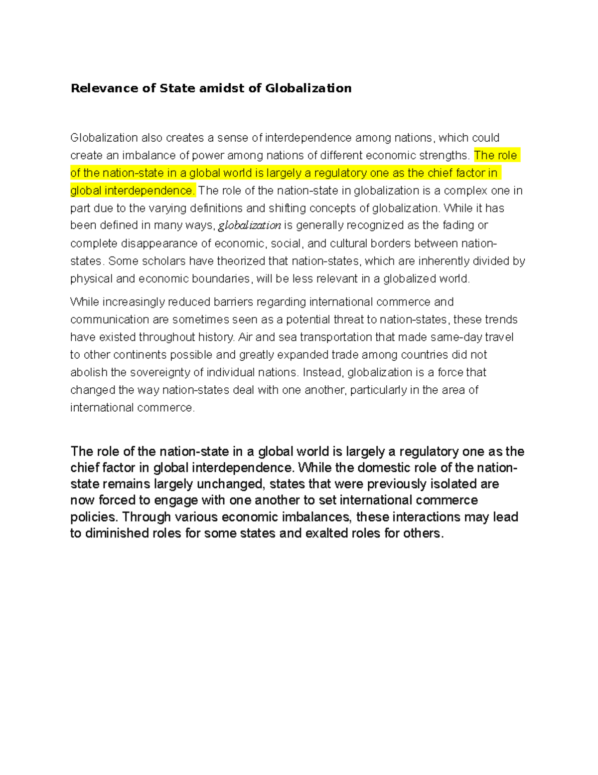The Relevance of the Nation-State in Globalization: A Report - Studocu