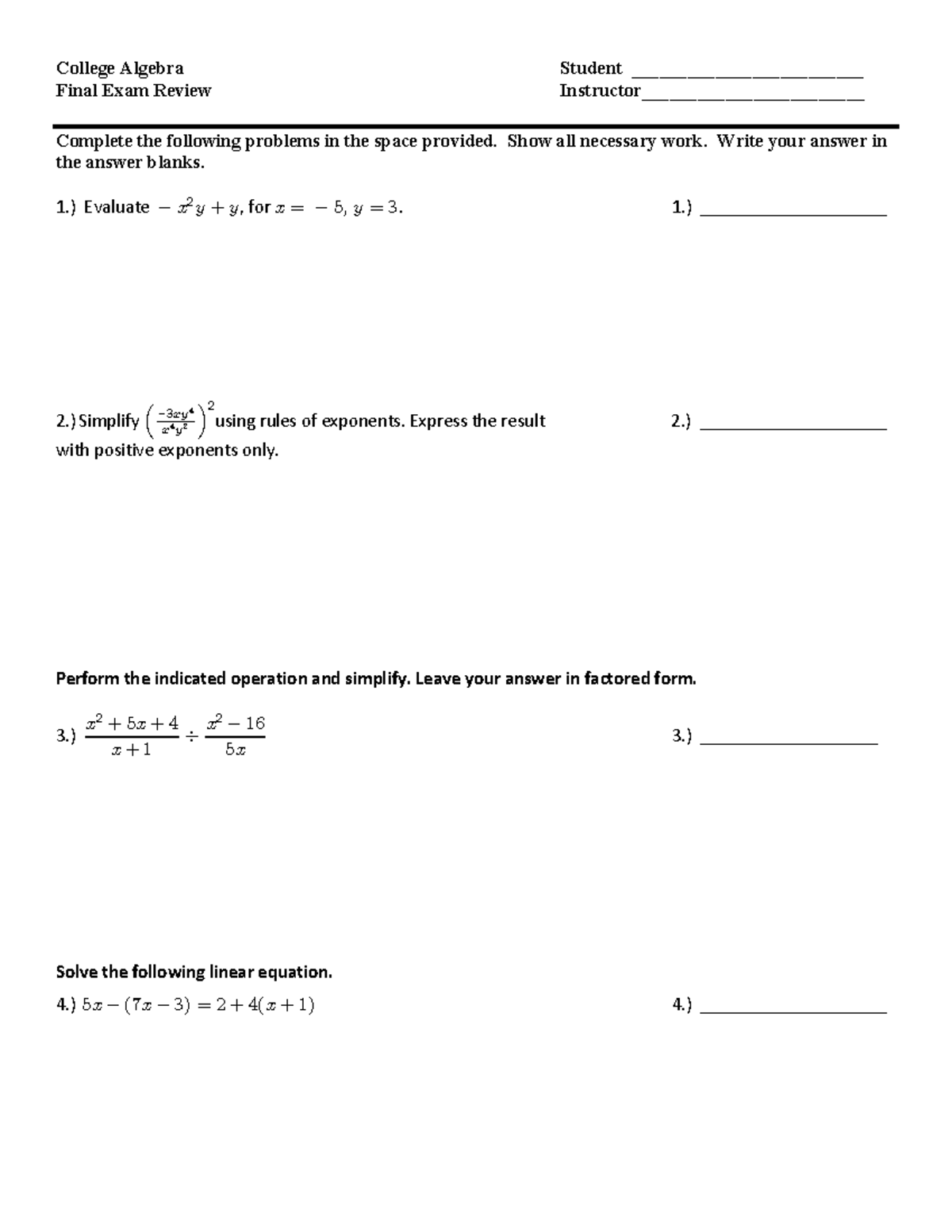 Final Exam Review for College Algebra (MATH 101) - Key Concepts ...