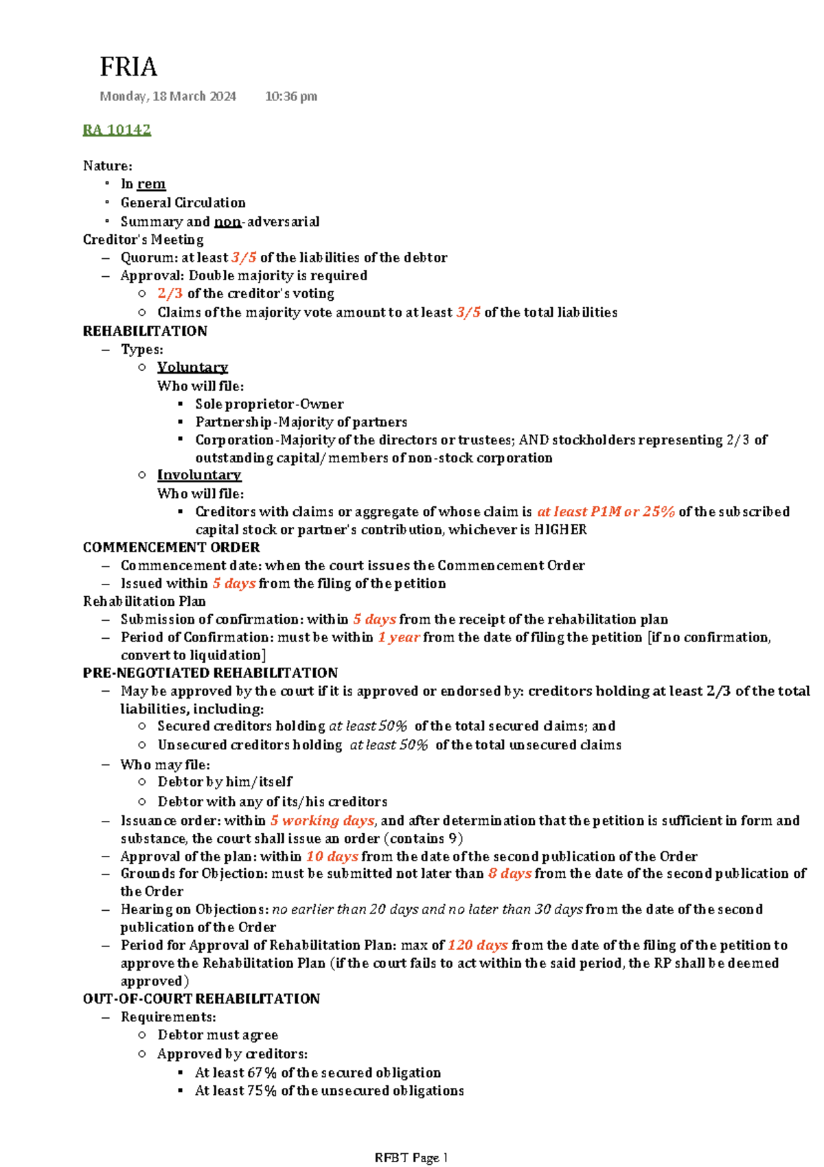 FRIA - A brief summary of FRIA or RA 10142. - RA 10142 Nature: In rem ...