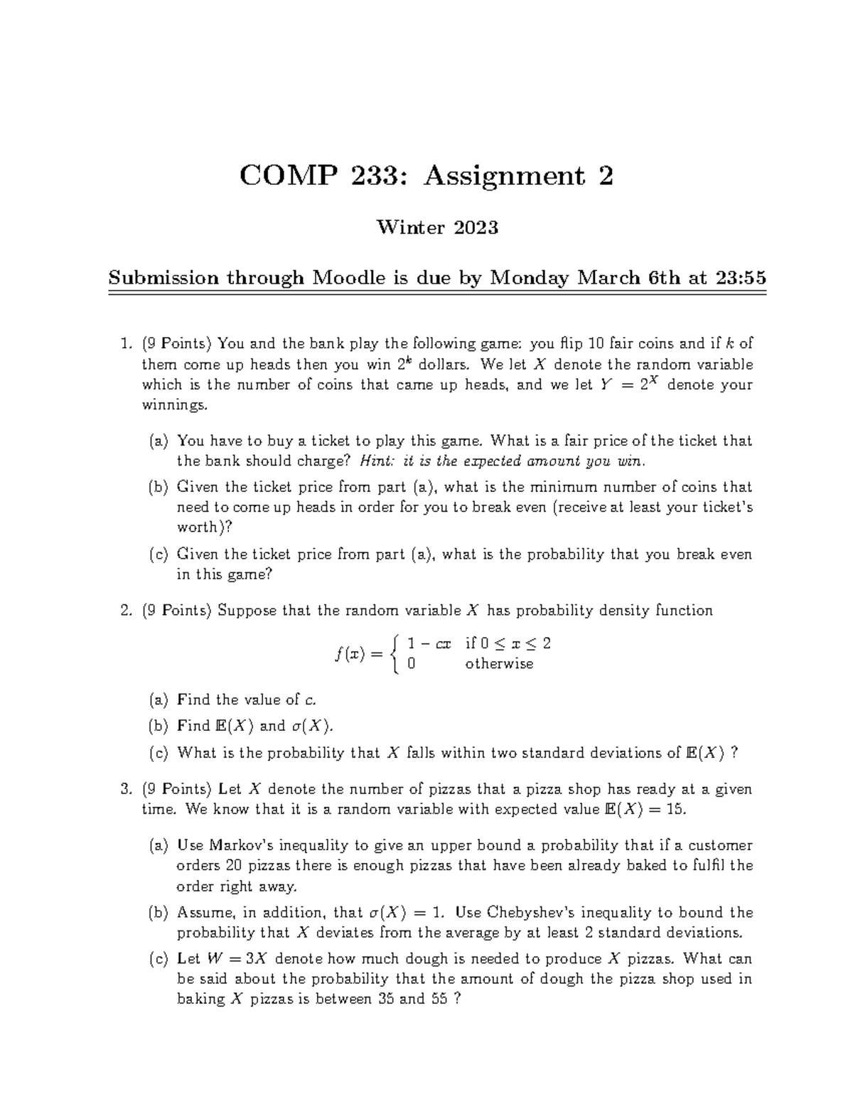 COMP 233: Assignment 2 Winter 2023 - Probability and Statistics ...