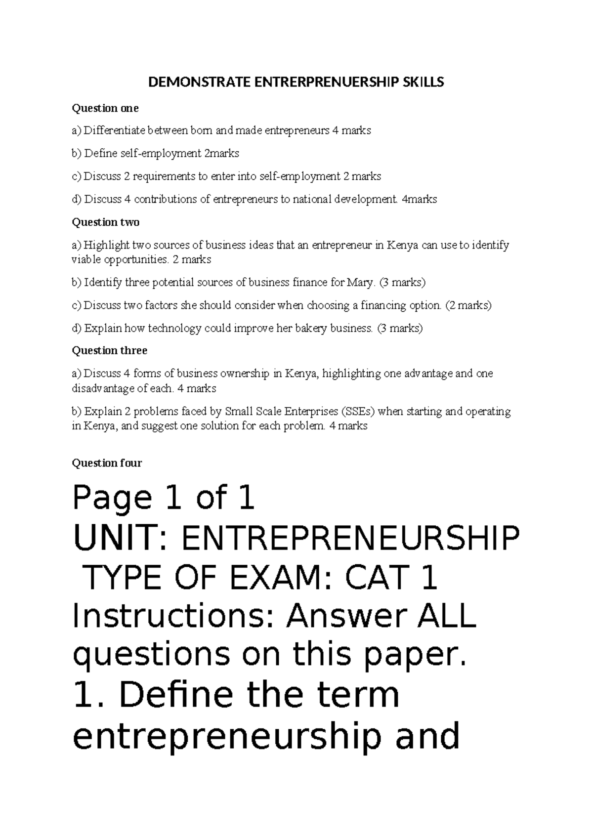 ENT 101: CAT 1 Exam on Entrepreneurship Skills and Concepts - Studocu