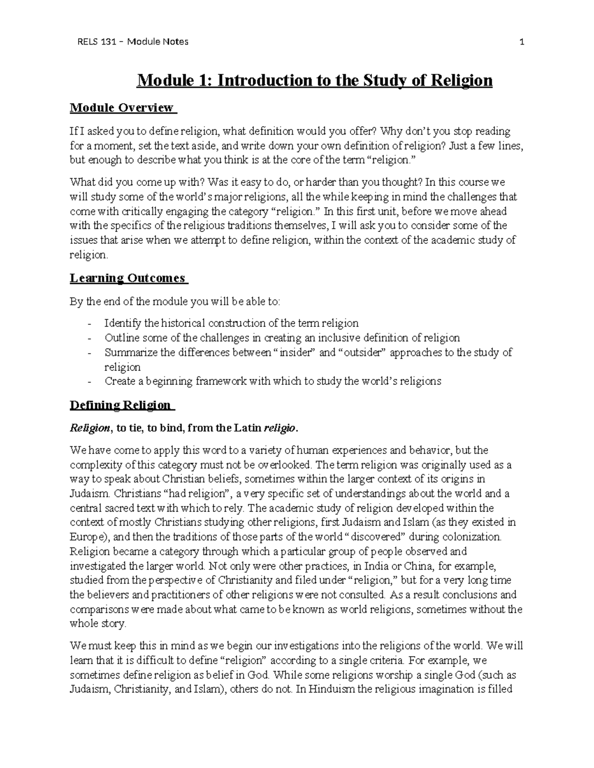 Module notes - Module 1: Introduction to the Study of Religion Module ...