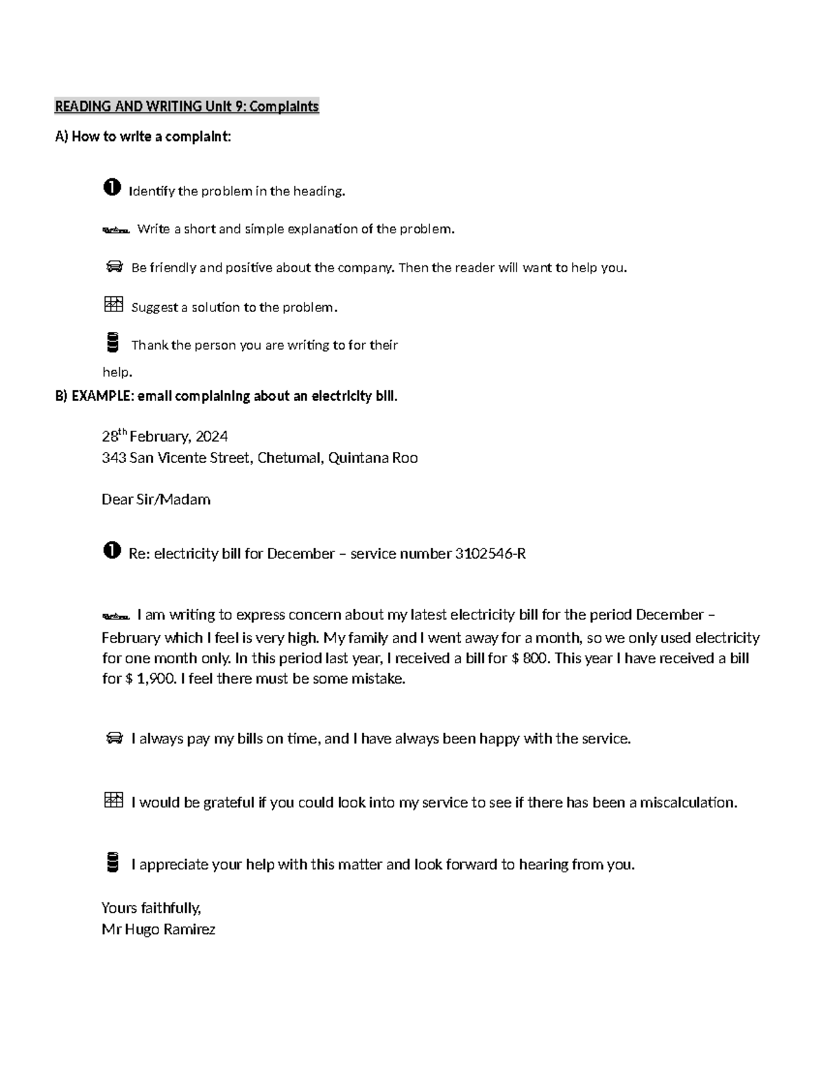 Reading & Writing Unit 9: A Letter of Complaint Guide - Studocu