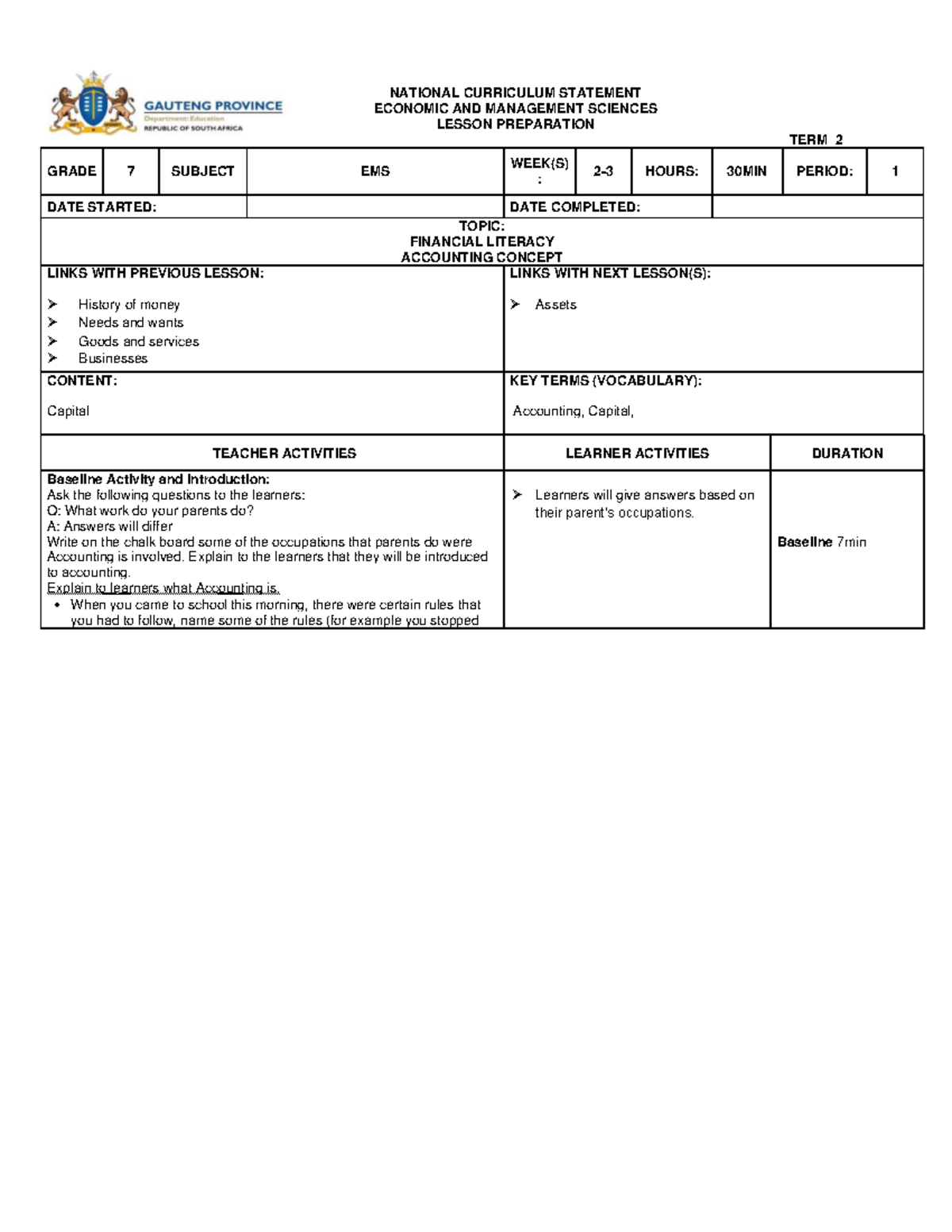 EMS 7 Term 2 Lesson 1: Financial Literacy and Accounting Concepts - Studocu