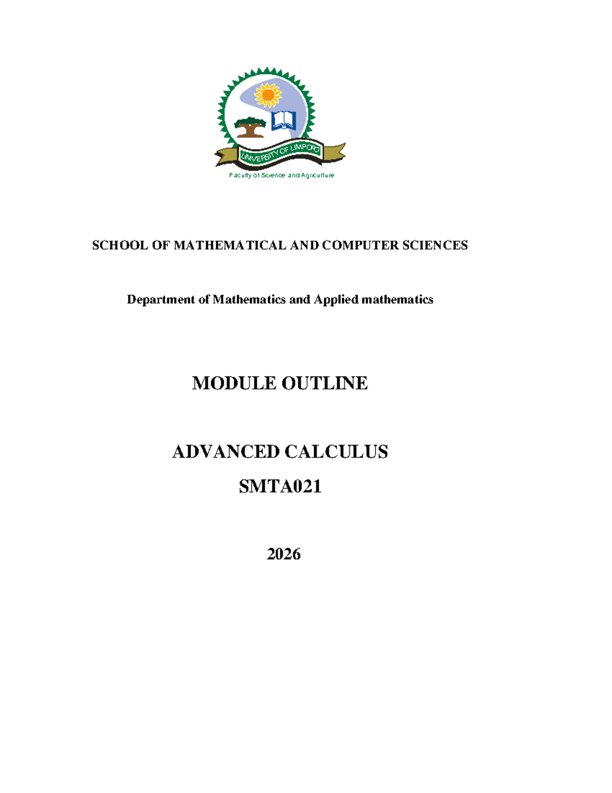Advanced Calculus Module Outline SMTA021 for 2026 - Studocu