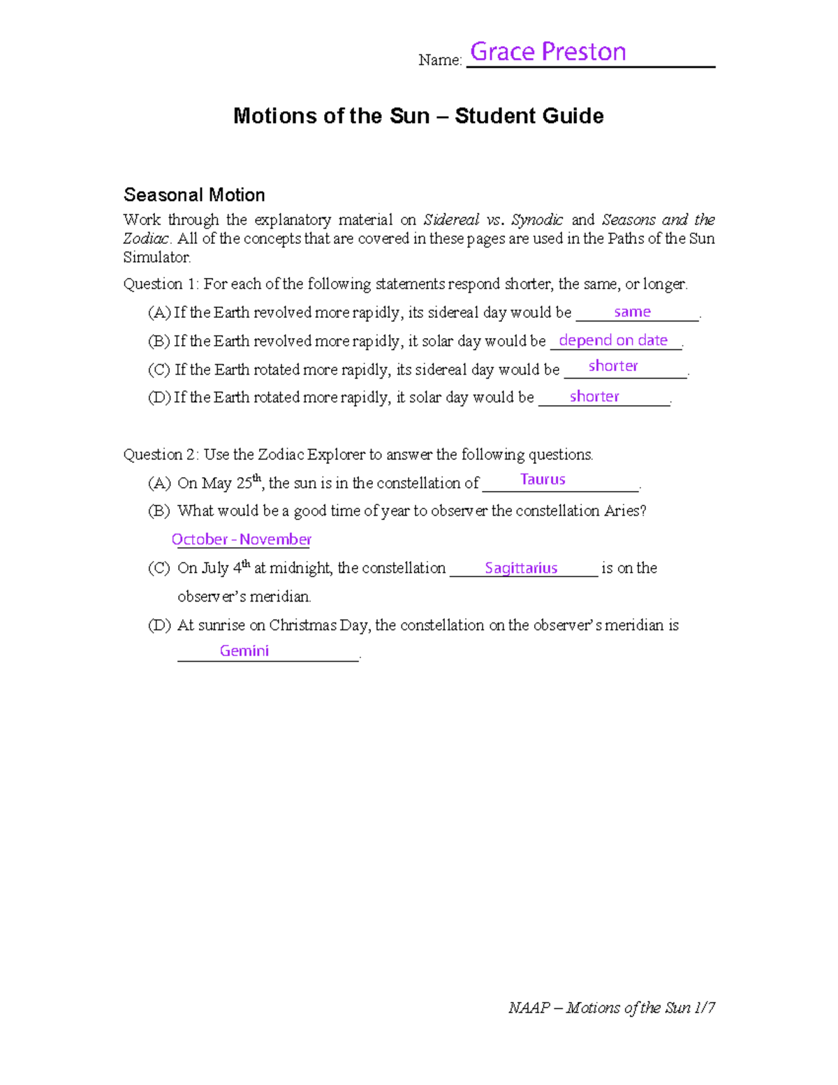 Motions of the Sun - Lab Worksheet (ASTR 202) - Studocu