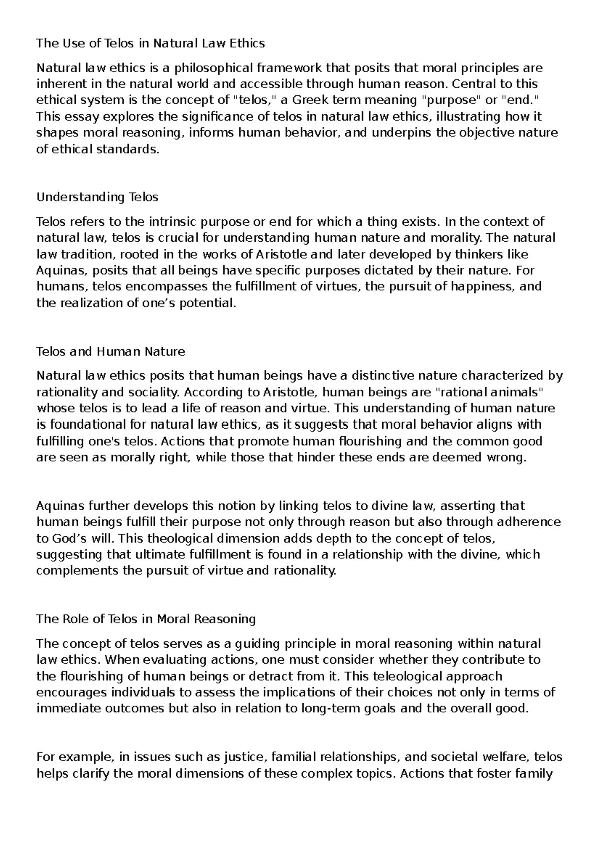 The Role of Telos in Natural Law Ethics: Insights and Challenges - Studocu