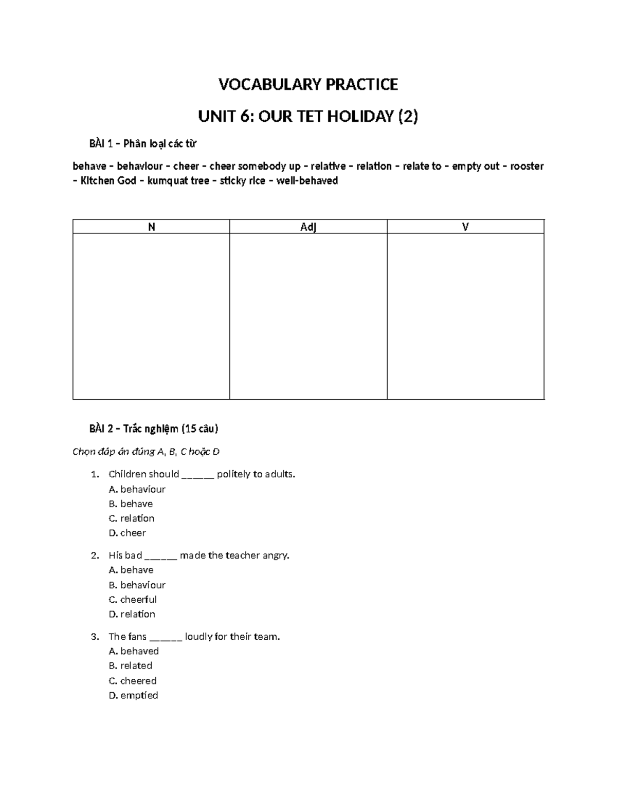 Vocabulary Practice Unit 6: Our Tet Holiday - Grade 6 - Studocu
