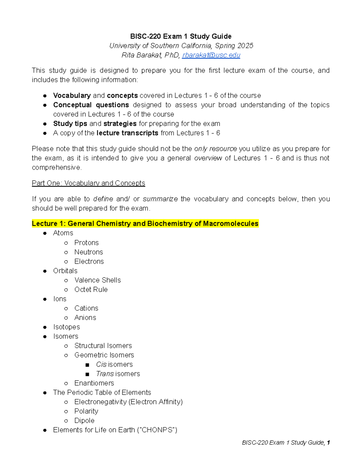 BISC-220 Exam 1 Study Guide: Key Concepts from Lectures 1-6 - Studocu