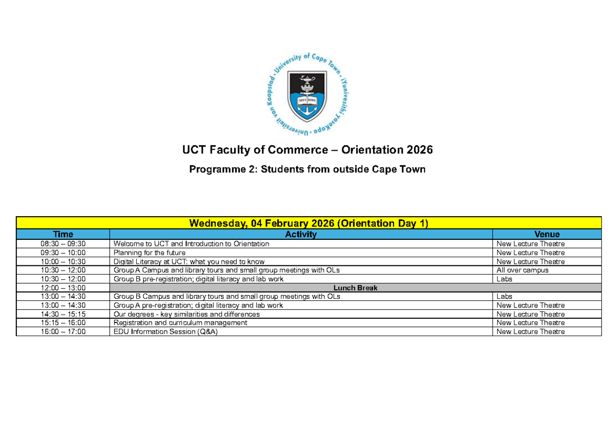 UCT Faculty of Commerce Orientation Program 2026 for New Students - Studocu