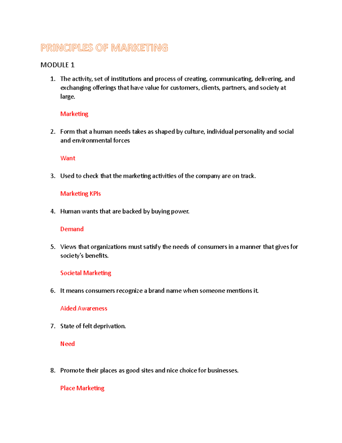 Principles of Marketing Review Notes for BUS 101 Module Insights - Studocu