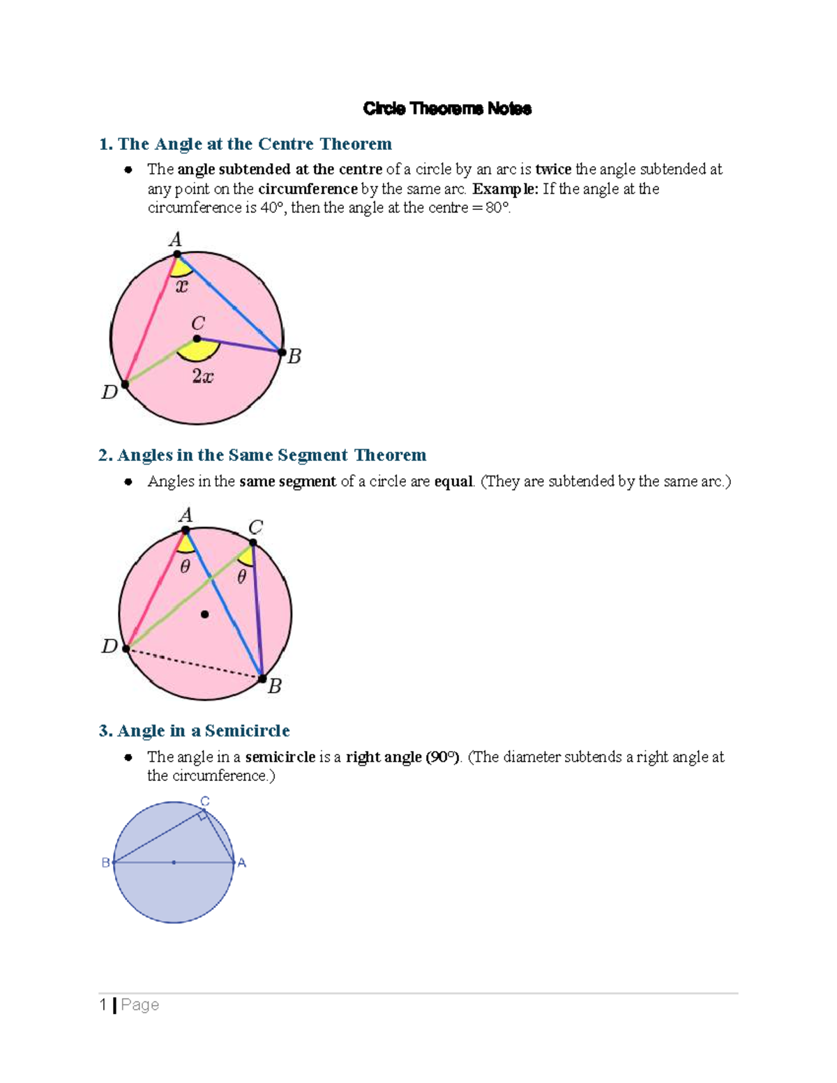 Circle Theorems Notes: Key Theorems and Examples - Studocu