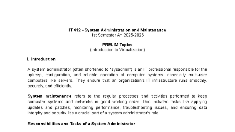 IT 412 Prelim Topics: Introduction to Virtualization in System Admin ...