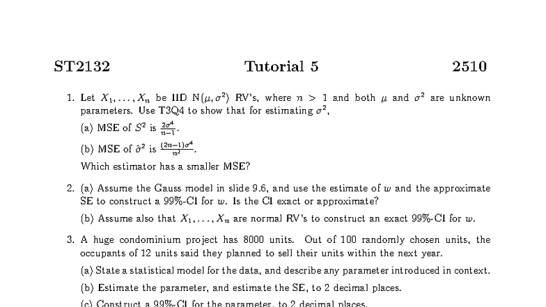 ST2132 Tutorial 5: MSE Estimation and Confidence Intervals Analysis ...