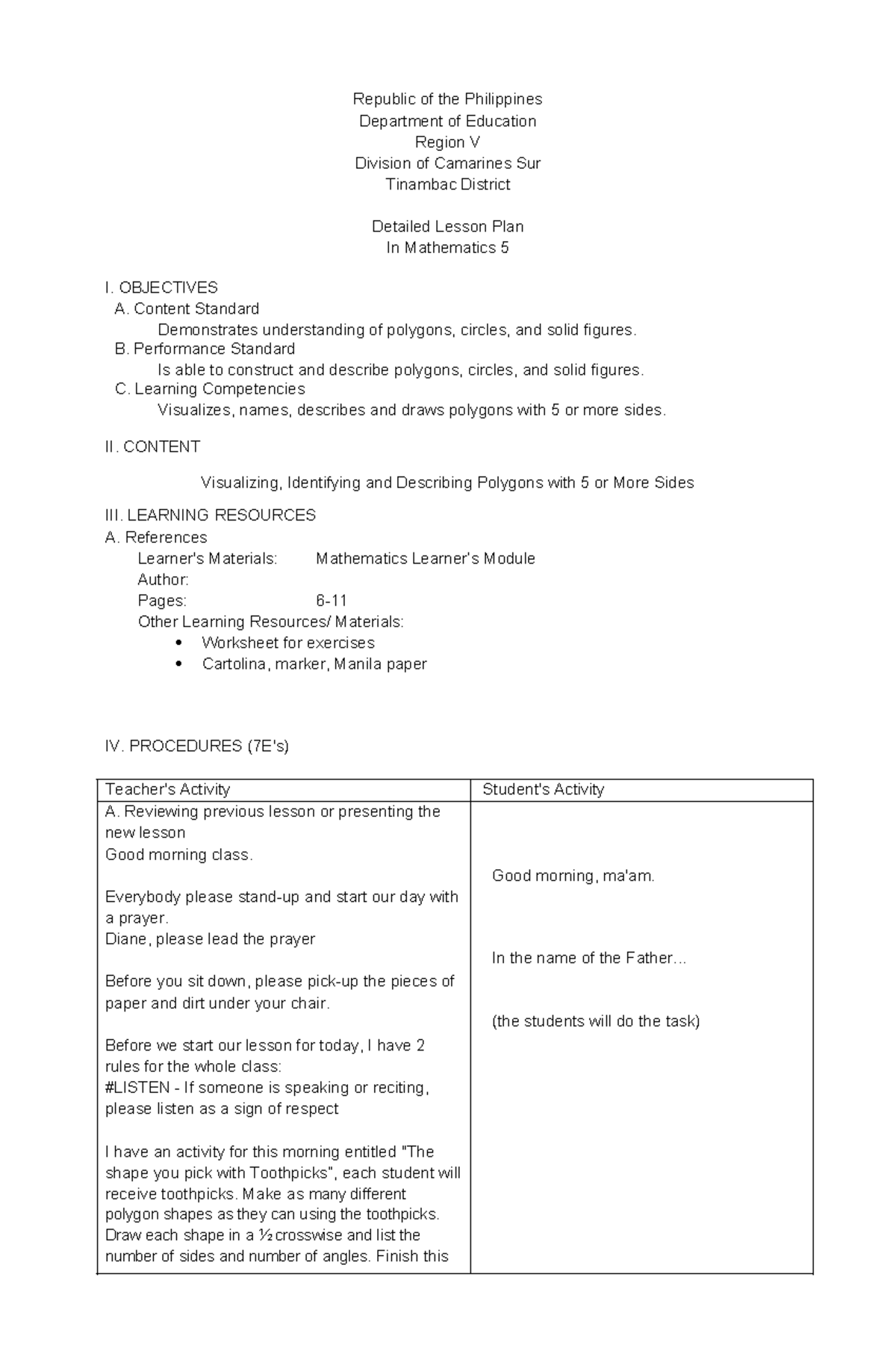 Lesson Plan for Visualizing and Describing Polygons in Math 5 - Studocu