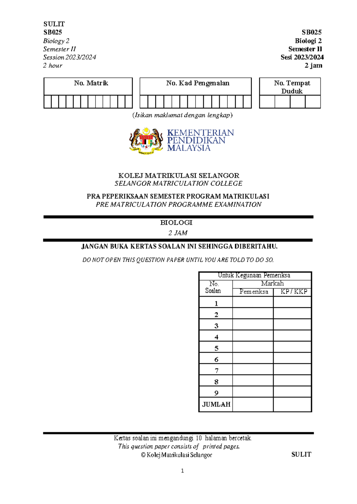 PRA PSPM SB025 2023-2024 Pre-Matriculation Biology Exam Paper - Studocu