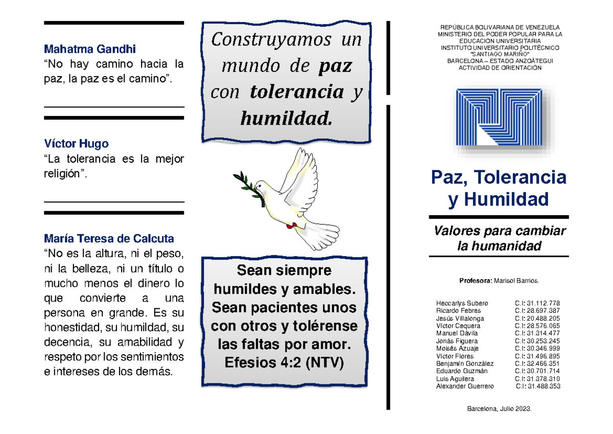 Triptico Valores: PAZ, Tolerancia y Humildad en la Sociedad - Studocu