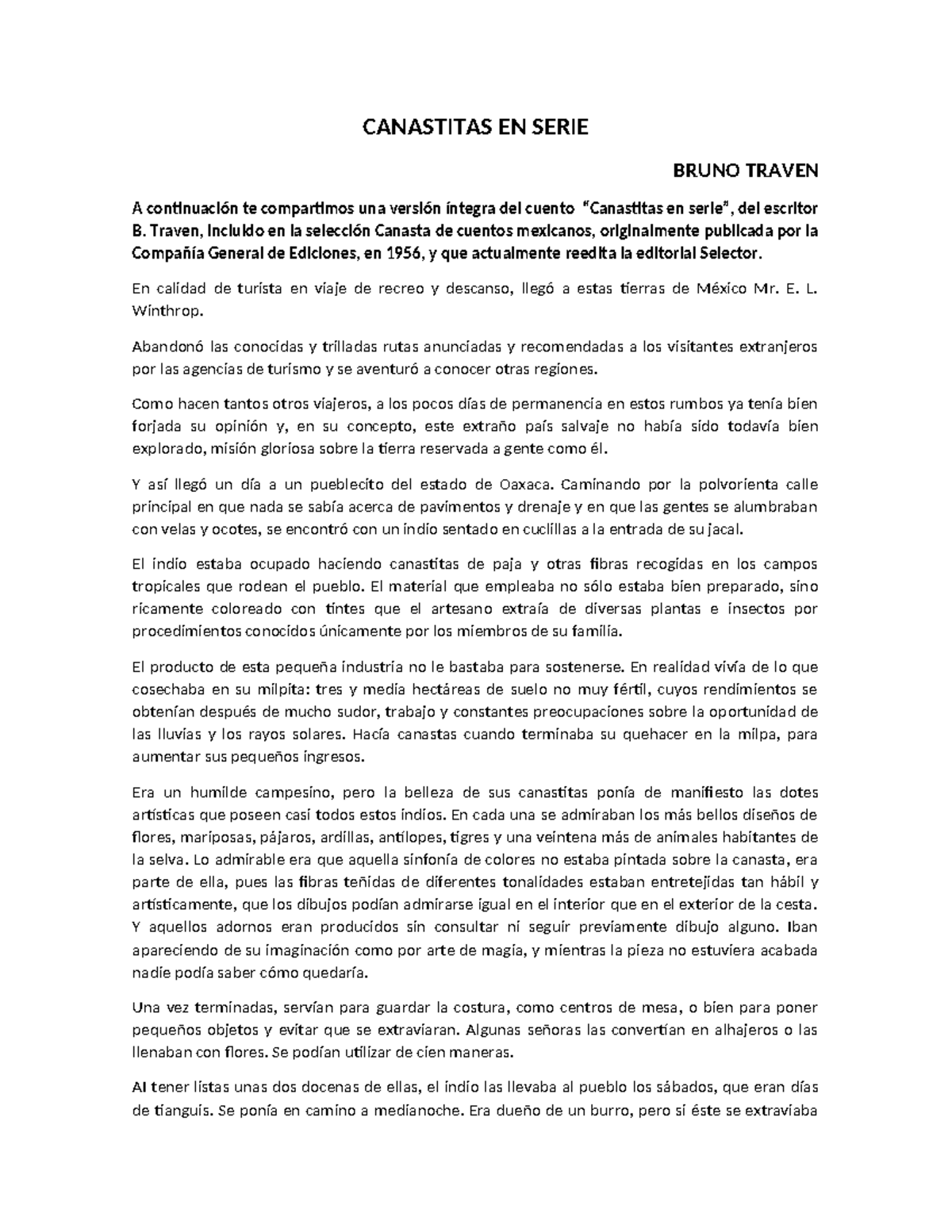 5.1 Análisis del cuento "Canastitas en serie" de B. Traven - Studocu