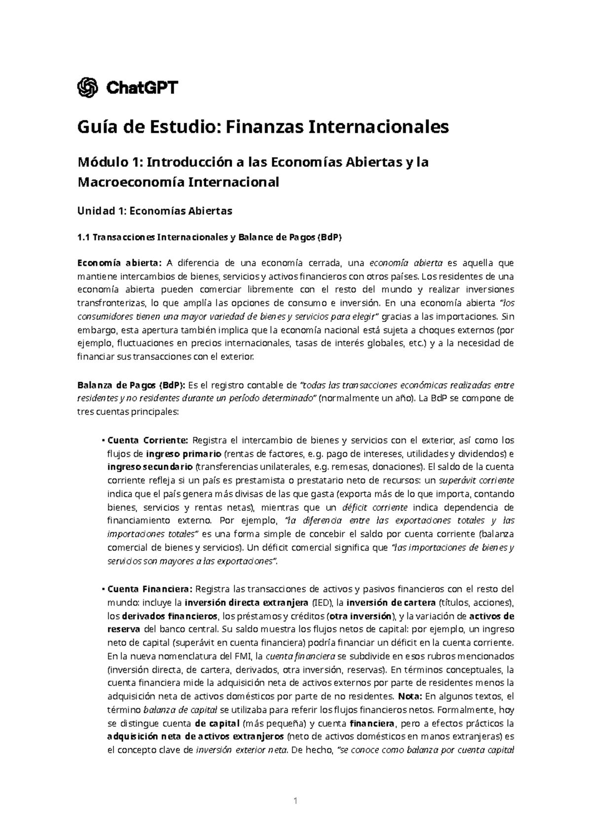 Guía de Estudio: Finanzas Internacionales Módulo 1 - Economías Abiertas ...