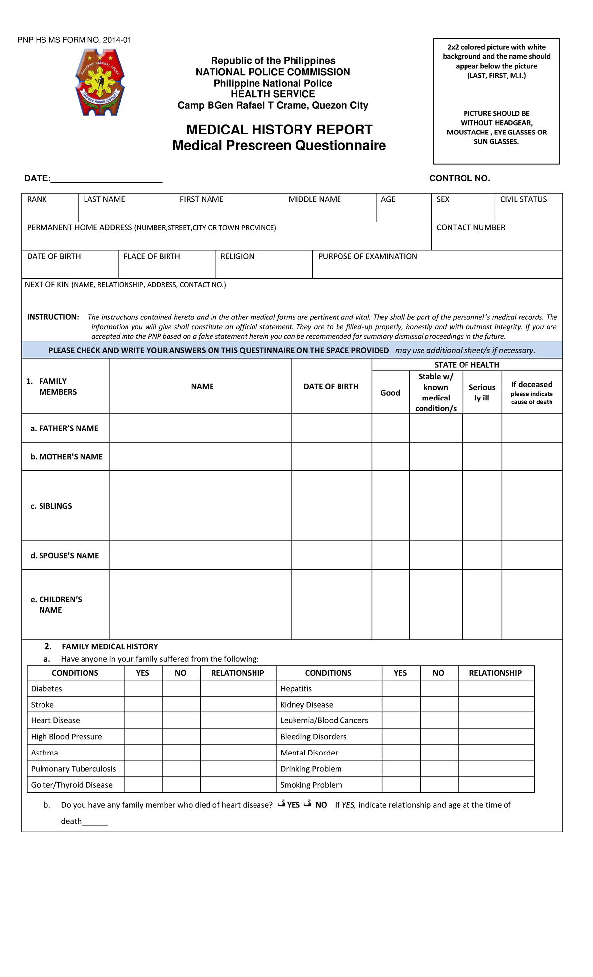 PNP Medical History Questionnaire - Form No. 2014-01 - Studocu
